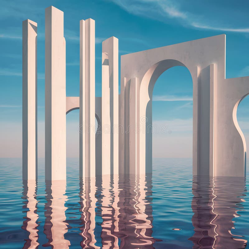 Serene Architectural Scene with White Columns, Arched Gateway, Clear ...