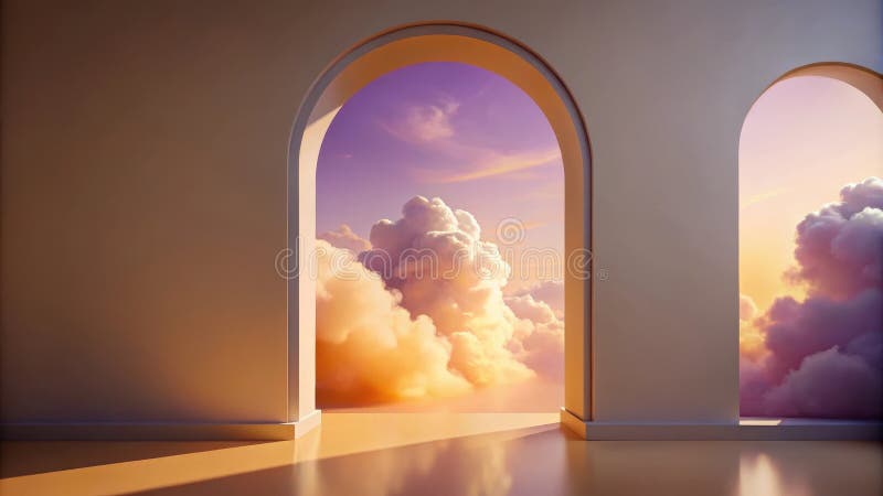 Serene Architectural View Two Arches Framing a Dreamlike Sunset Sky ...