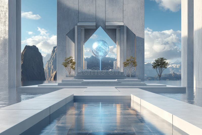 Serene Architectural Wonder Featuring a Luminous Sphere and Natural ...