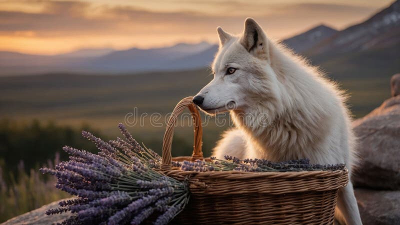 Majestic Arctic Wolf with Lavender at Sunset Stock Illustration ...