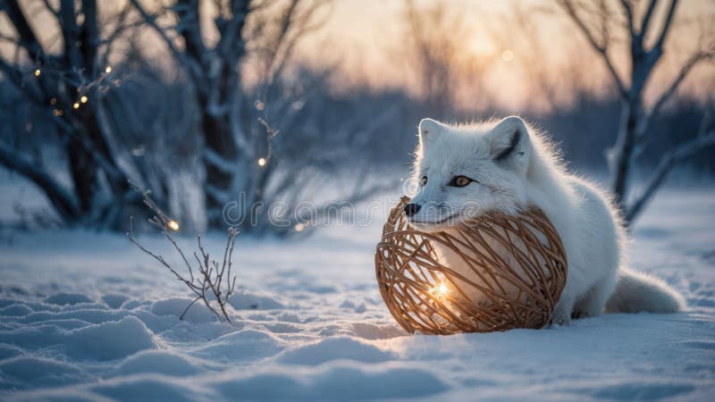 Arctic Fox in Winter Wonderland: Majestic White Fox Resting by Glowing ...