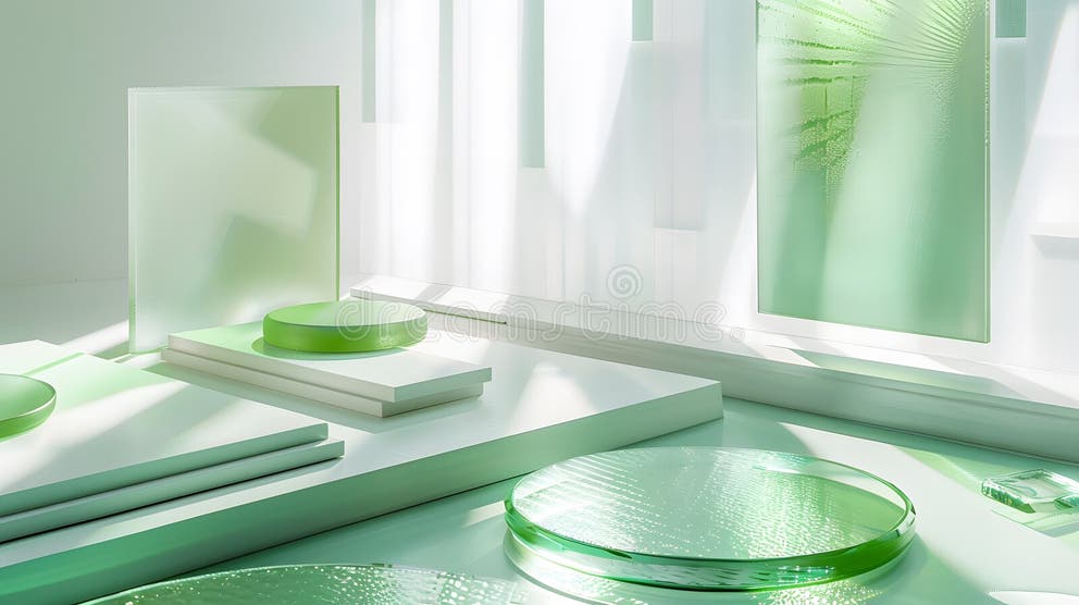 A Serene Arrangement of Green Glass Objects and White Surfaces ...