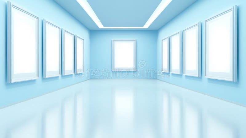 Bright and Spacious Art Gallery Featuring Empty Frames and Soft Blue ...