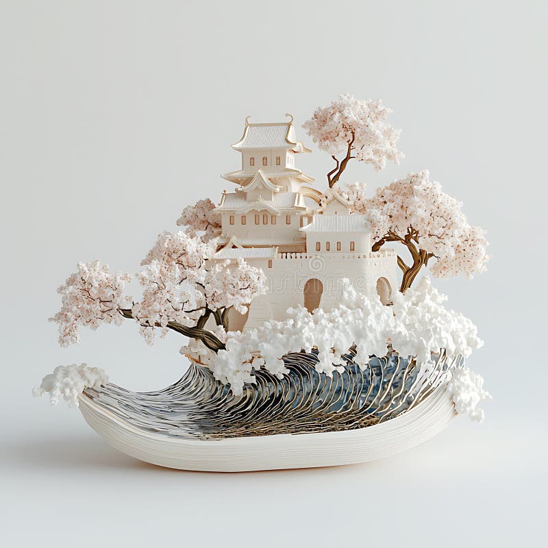 Serene Asian Castle Atop a Wave with Cherry Blossoms a Minimalist 3D ...