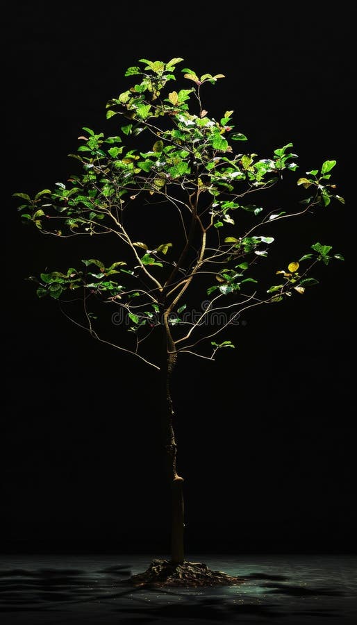 A Serene Asian Tree Illuminated by Overhead Light Against a Dark ...