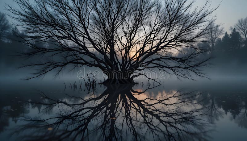 Misty Willow Reflection stock illustration. Illustration of freezing ...