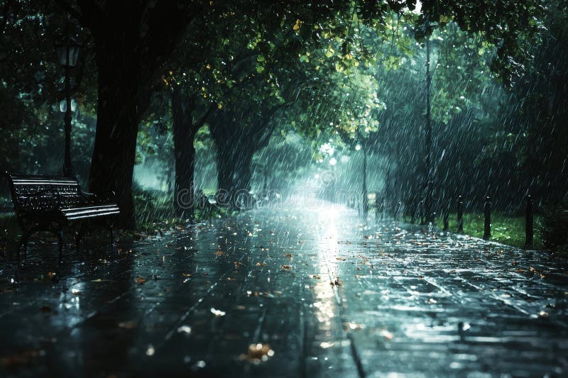 Rainy Park Pathway stock illustration. Illustration of atmospheric ...