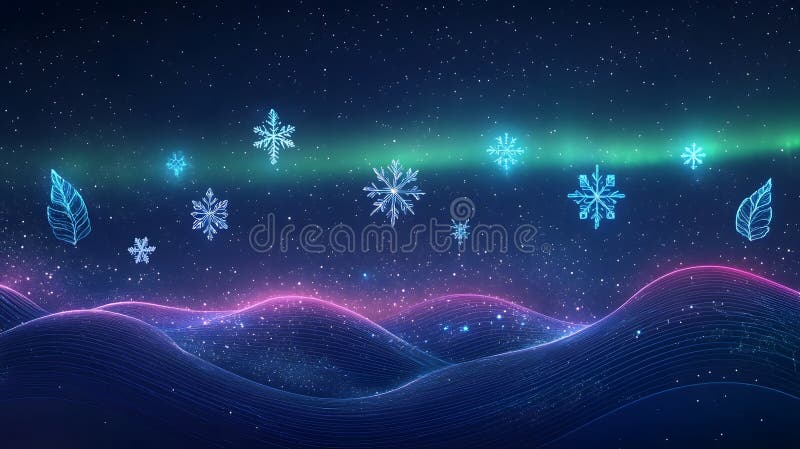 Serene Aurora Wave Grid with Hovering Snowflake Crystals in the Night ...
