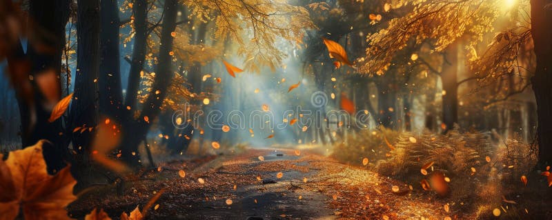 A Serene Autumn Forest Path Background with Falling Leaves, Dappled ...
