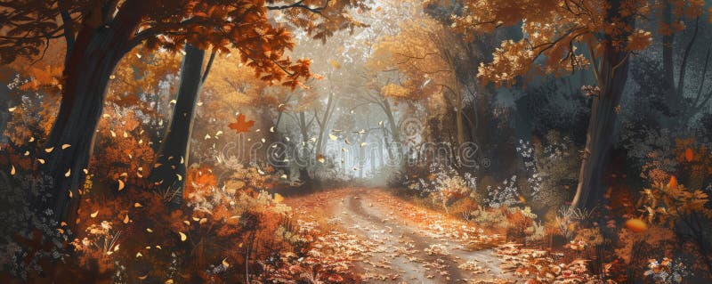 A Serene Autumn Forest Path Background with Falling Leaves, Dappled ...