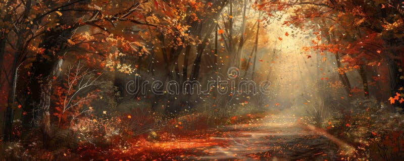 A Serene Autumn Forest Path Background with Falling Leaves, Dappled ...