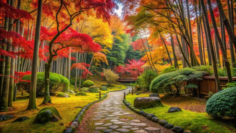 Serene Autumn Garden Path Winding through Vibrant Foliage. Generative ...