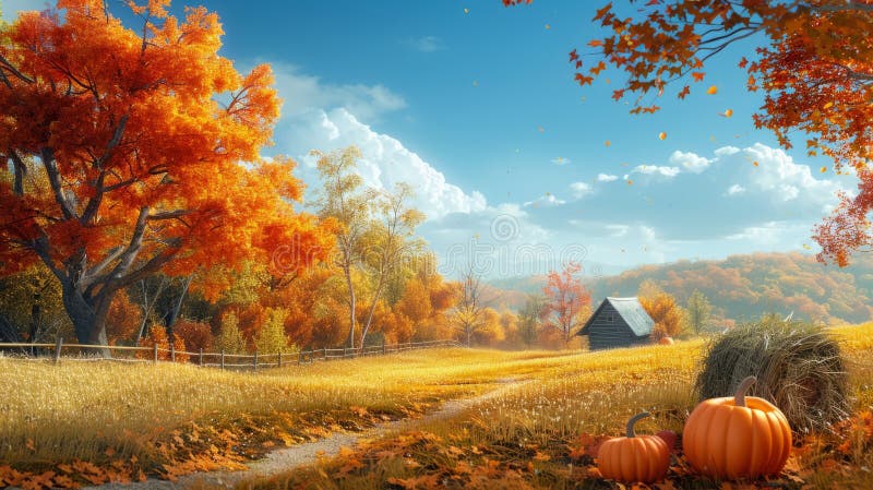 A Serene Autumn Landscape Featuring Vibrant Trees, a Rustic Barn, and ...