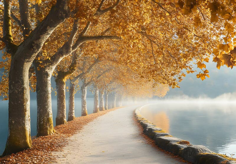 Serene Autumn Pathway Lined with Trees beside a Calm Water Body ...