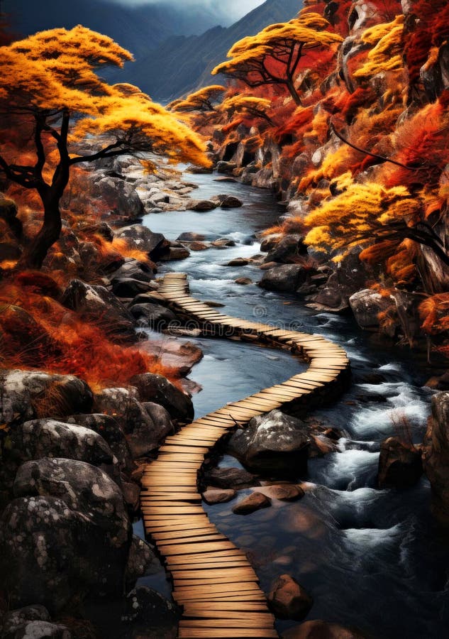 Serene Autumn Pathway Over Rocky River in Mountains with Vibrant Fall ...