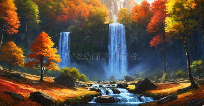 A Serene Autumn Scene with Cascading Waterfalls Stock Illustration ...