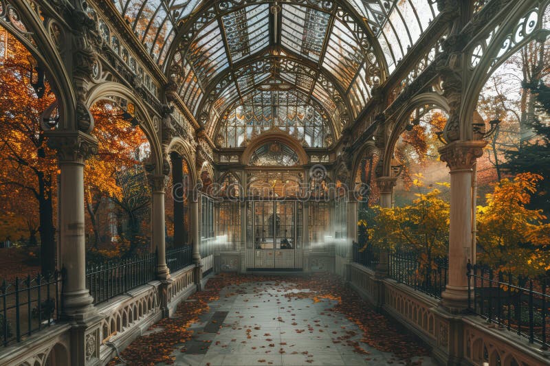 Serene Autumn Scene in an Elegant Glass Conservatory Structure Stock ...