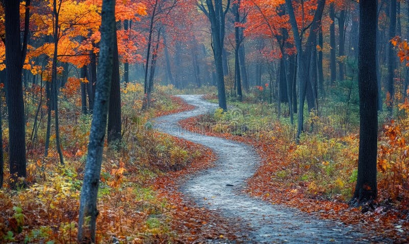 Serene Autumn Scene, Forest, Winding Path, Vibrant Foliage Stock Image ...