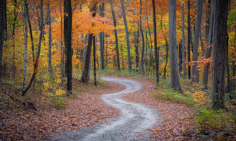 Serene Autumn Scene, Forest, Winding Path, Vibrant Foliage Stock Photo ...