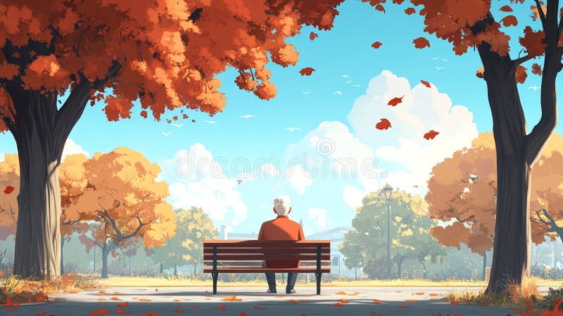 Serene Autumn Scene of a Person Sitting on a Park Bench Stock ...
