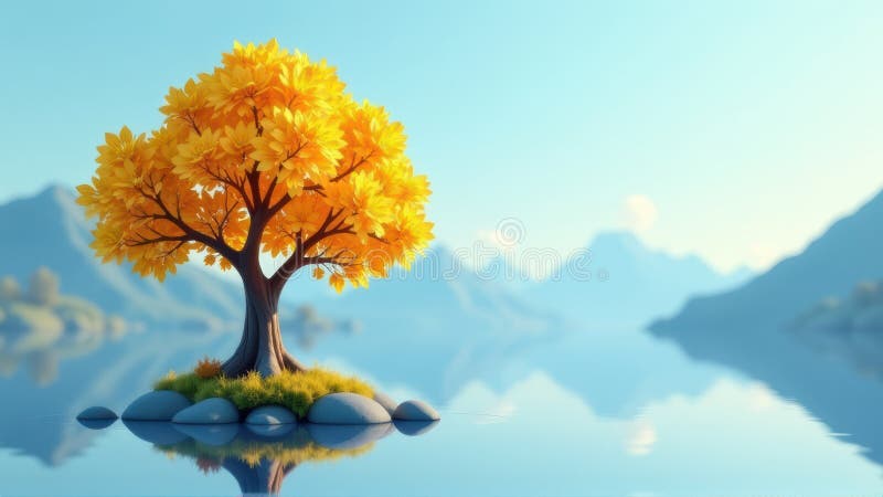 Serene Autumn Tree on Calm Lake Stock Illustration - Illustration of ...
