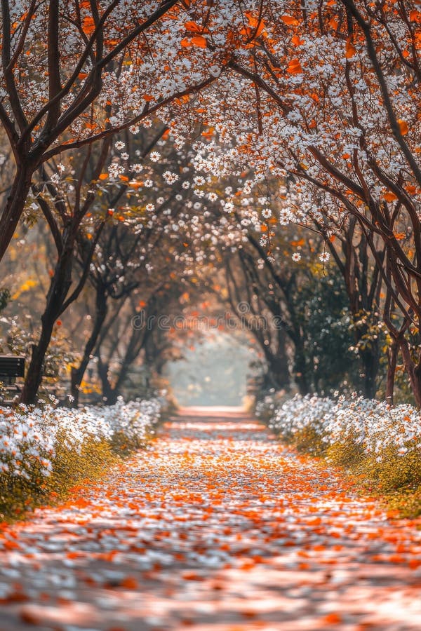A Serene Autumnal Setting Featuring a Park Path, Sunlight, Daisies, and ...