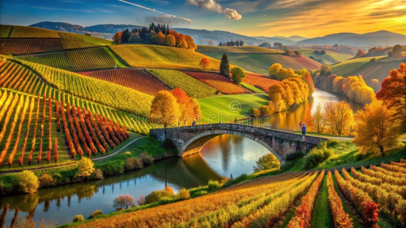 Serene Autumnal Vineyard Landscape with Stone Arch Bridge. Generative ...