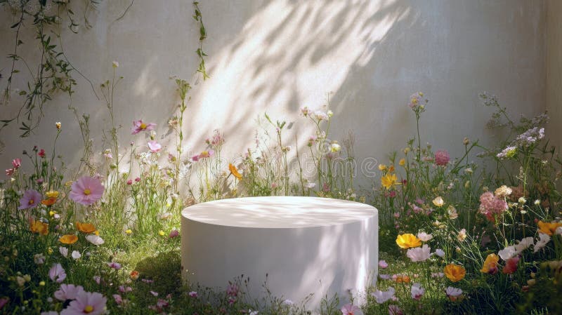 Serene Backdrop with Wildflowers and White Pedestal in Sunlit Garden ...