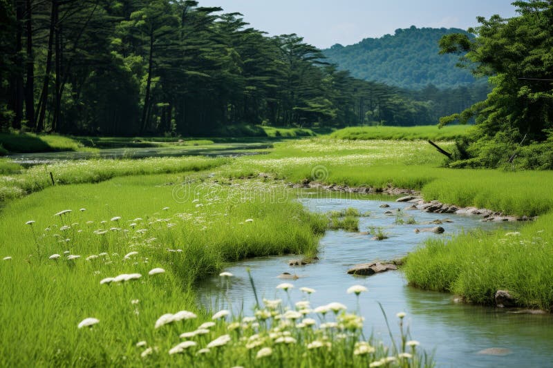 Serene Background of Light Marsh Green with Flowering Grasses and ...