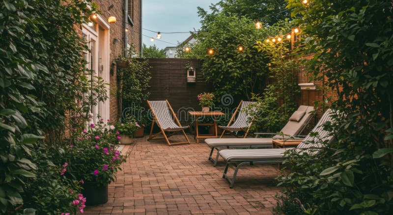 Serene Backyard Patio with String Lights and Comfortable Seating Stock ...