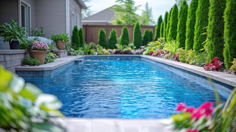 Serene Backyard Pool with Lush Greenery and Colorful Flowers Stock ...