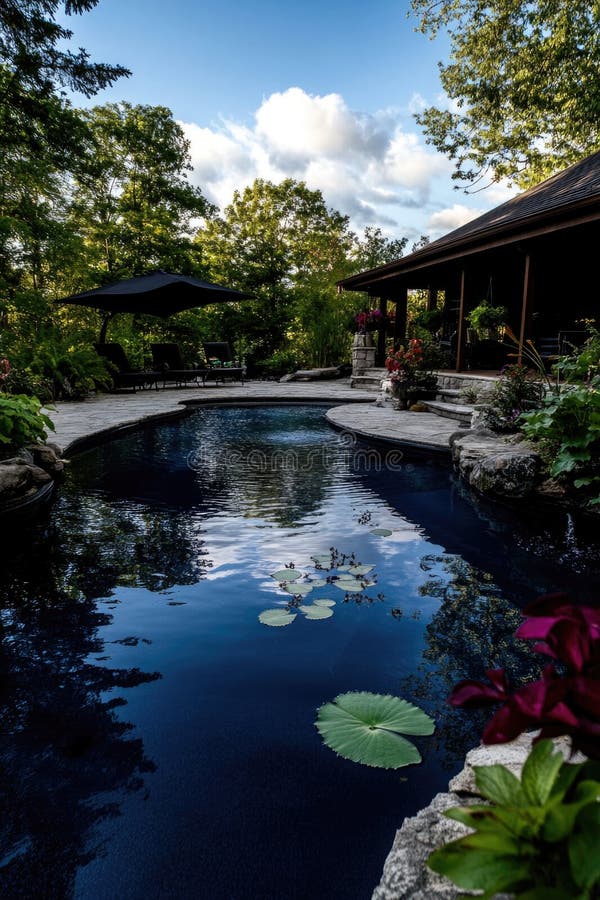 Serene Backyard Pool Oasis with Lush Greenery and Blue Sky Reflection ...