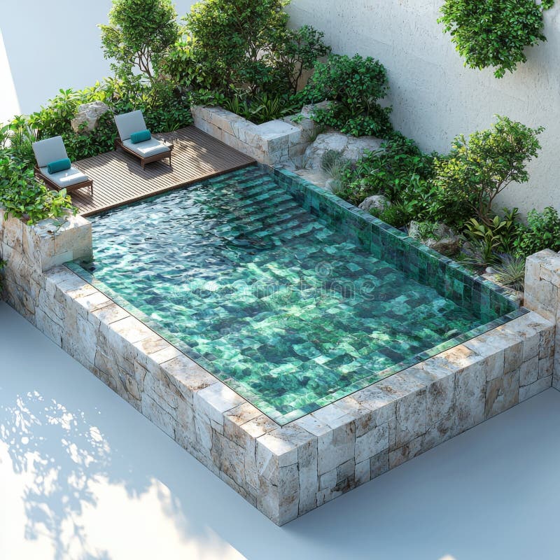 Serene Backyard Pool with Stone Decking and Lush Greenery Stock Photo ...