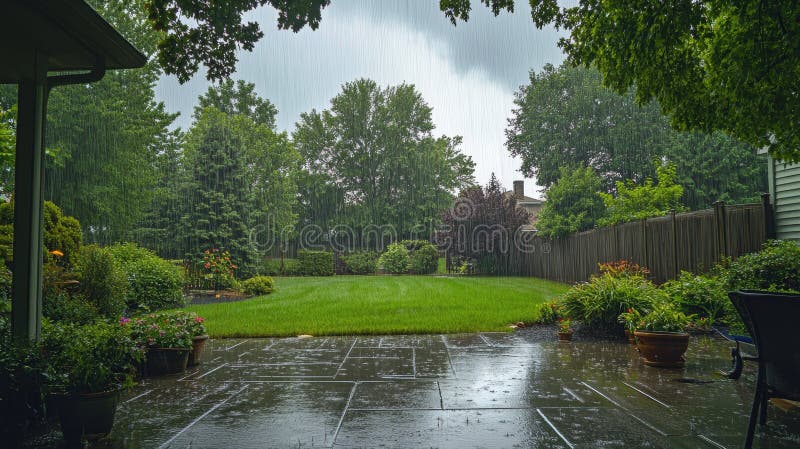 A Serene Backyard Scene with Heavy Rain Falling, Showcasing Lush ...