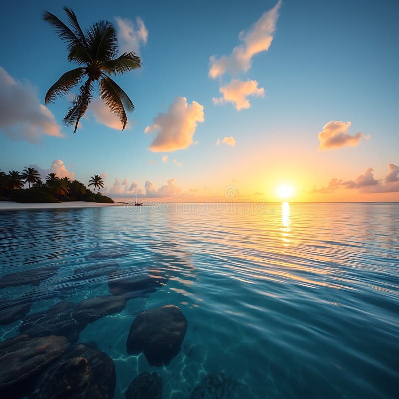 Serene Bahamian Island at Sunrise Stock Illustration - Illustration of ...