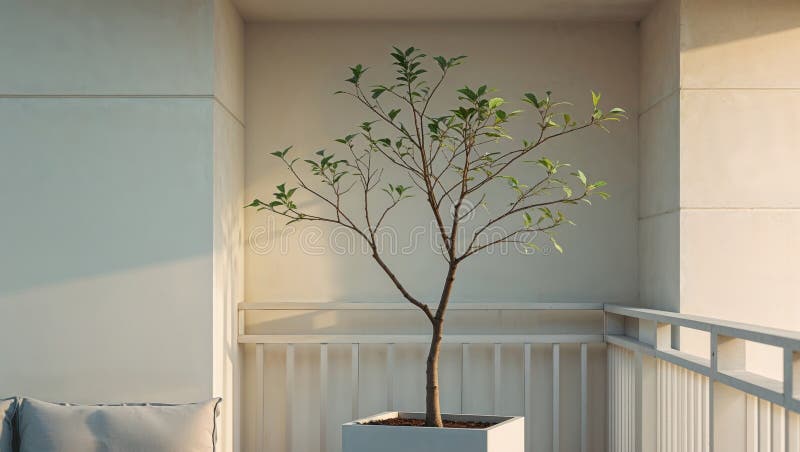 Serene Balcony Features Comfortable Seating with a Small Tree. Stock ...