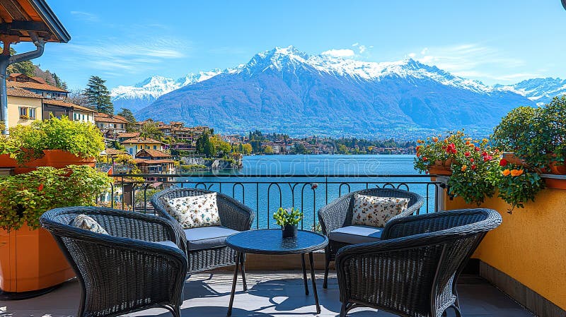 Serene Balcony Overlooking Lake and Mountains Stock Illustration ...
