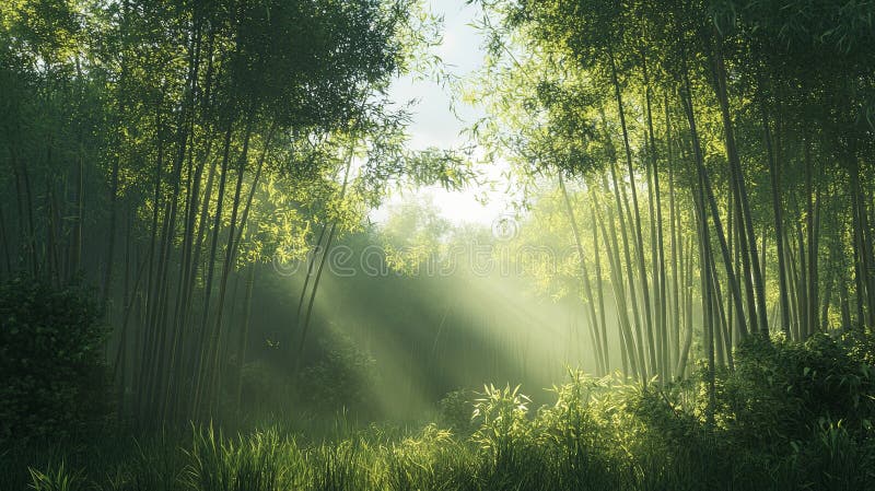 A Serene Bamboo Forest with Dappled Sunlight Filtering through Tall ...