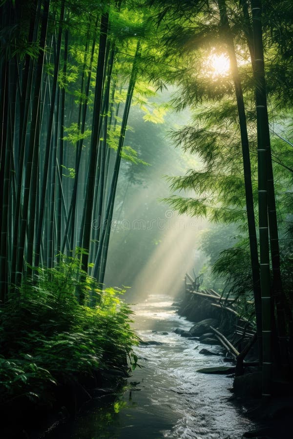 Serene Bamboo Forest With Flowing Stream Stock Illustration Illustration Of Leaves Rocks
