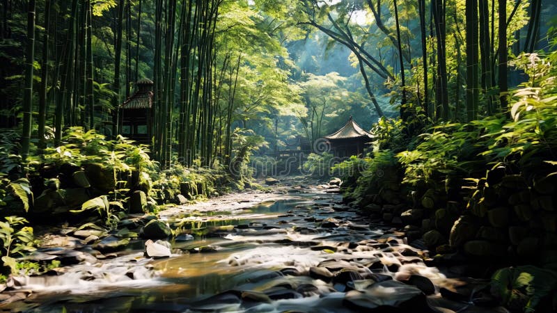 Serene Bamboo Forest with Gentle Stream and Rustic Pavilion Stock ...
