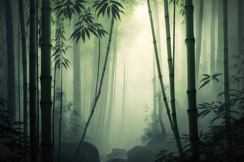 Serene Bamboo Forest with Misty Morning Light Stock Illustration ... Serene Bamboo Forest with Misty Morning Light Stock Illustration ...