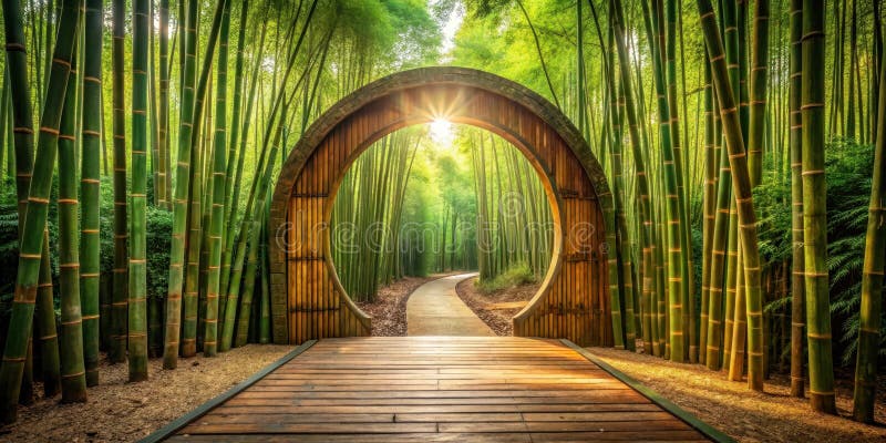Serene Bamboo Forest Path Leading through a Circular Wooden Gateway ...