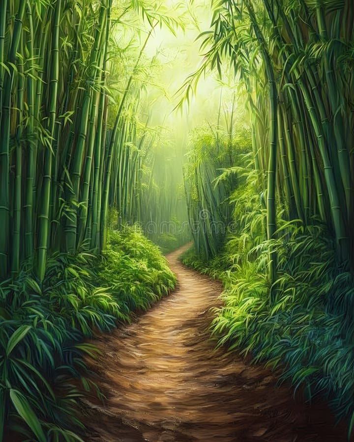 Serene Bamboo Forest Path Lush Greenery Tranquil Nature Trail Stock Illustration - Illustration ...