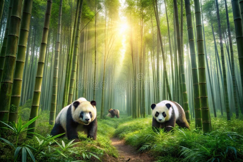 Serene Bamboo Forest Path with Two Pandas Approaching, Sunlight ...