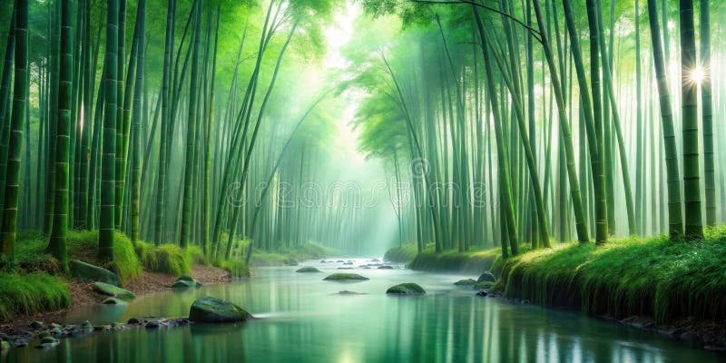 Serene Bamboo Forest Stream a Tranquil Landscape of Lush Greenery and ...