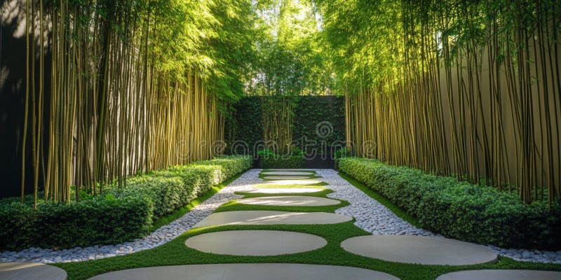 Serene Bamboo Garden Path Tranquil Landscape Design with Circular Stone ...