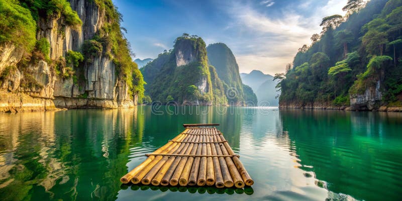 A Serene Bamboo Raft on a Crystalclear Lake Surrounded by Towering ...