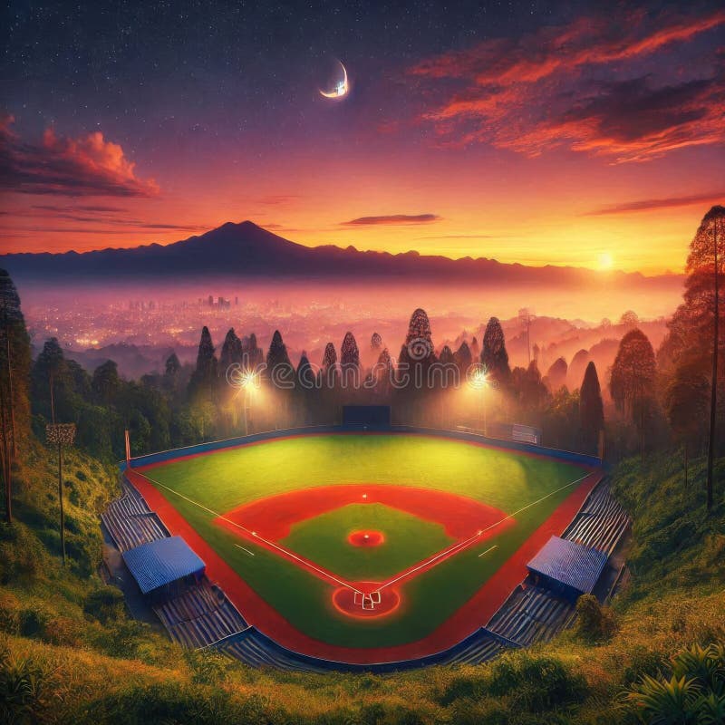 Serene Baseball Field Captured at Twilight Hour Stock Illustration ...