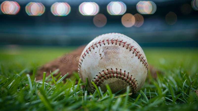A Serene Baseball Field with Stadium Lights, Green Grass, Dirt Mound ...