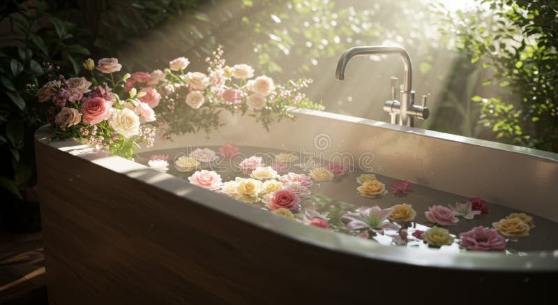 Serene Bath with Pink and Yellow Roses in a Lush Garden Setting Stock ...
